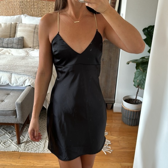Zara | Dresses | Zara Gold Chain Strap Satin Effect Mini Dress Black Xs ...